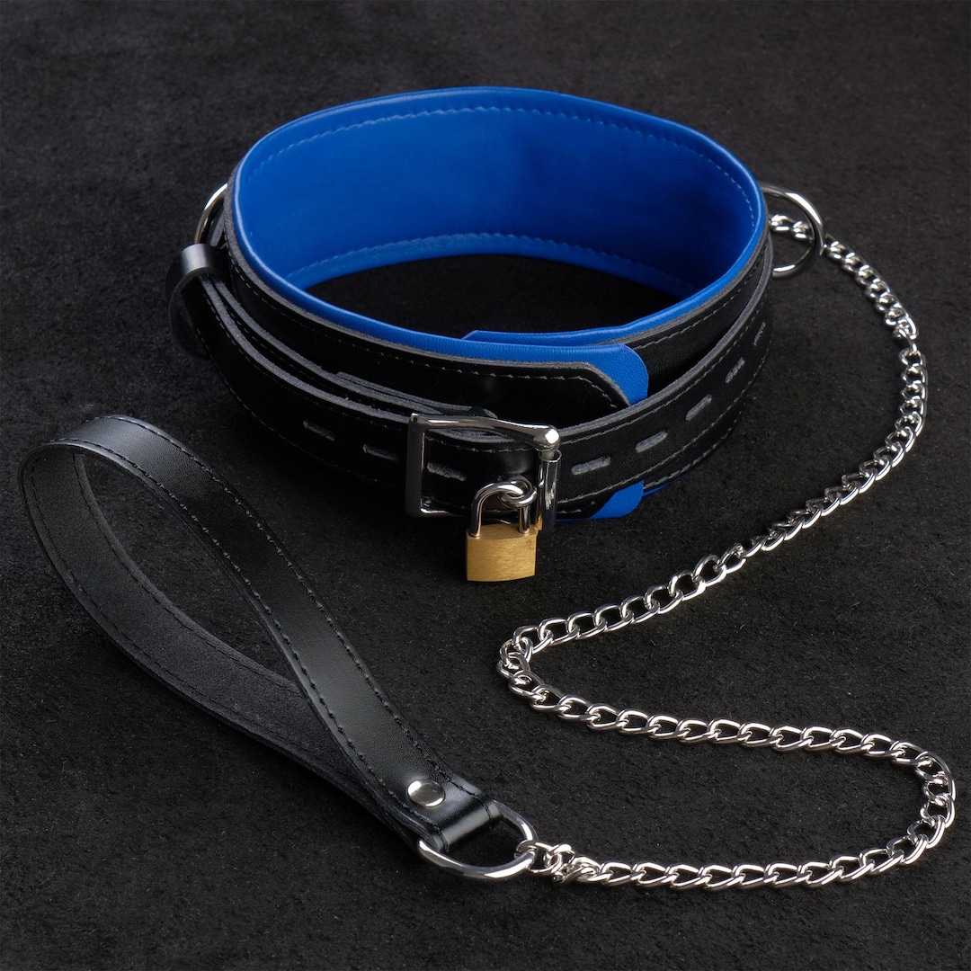 Blue Collar and Leash Set, Leather Collar With Locks, BDSM Collar ...