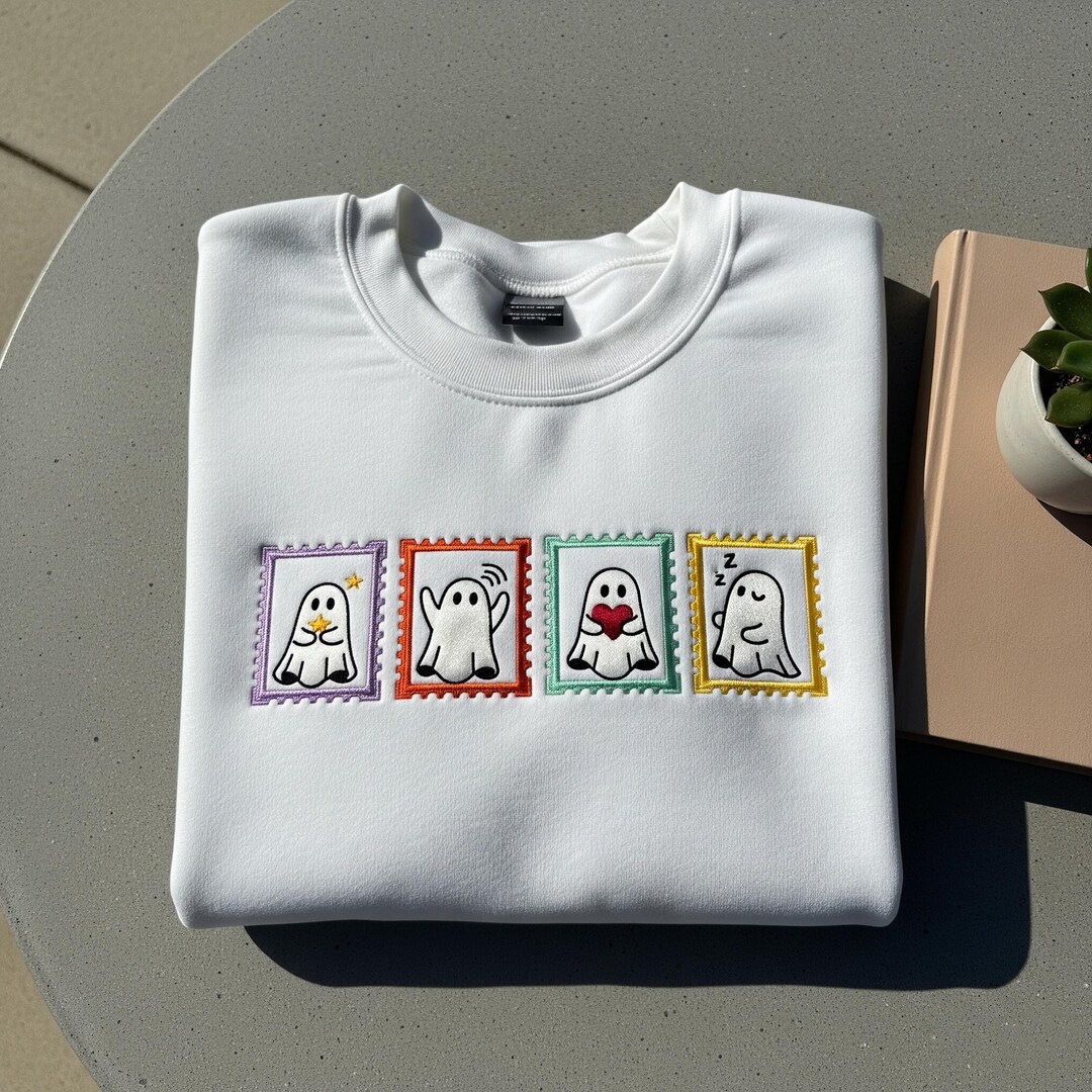 Embroidered Spooky Season Postage Stamp Sweatshirt, Cute Ghost ...