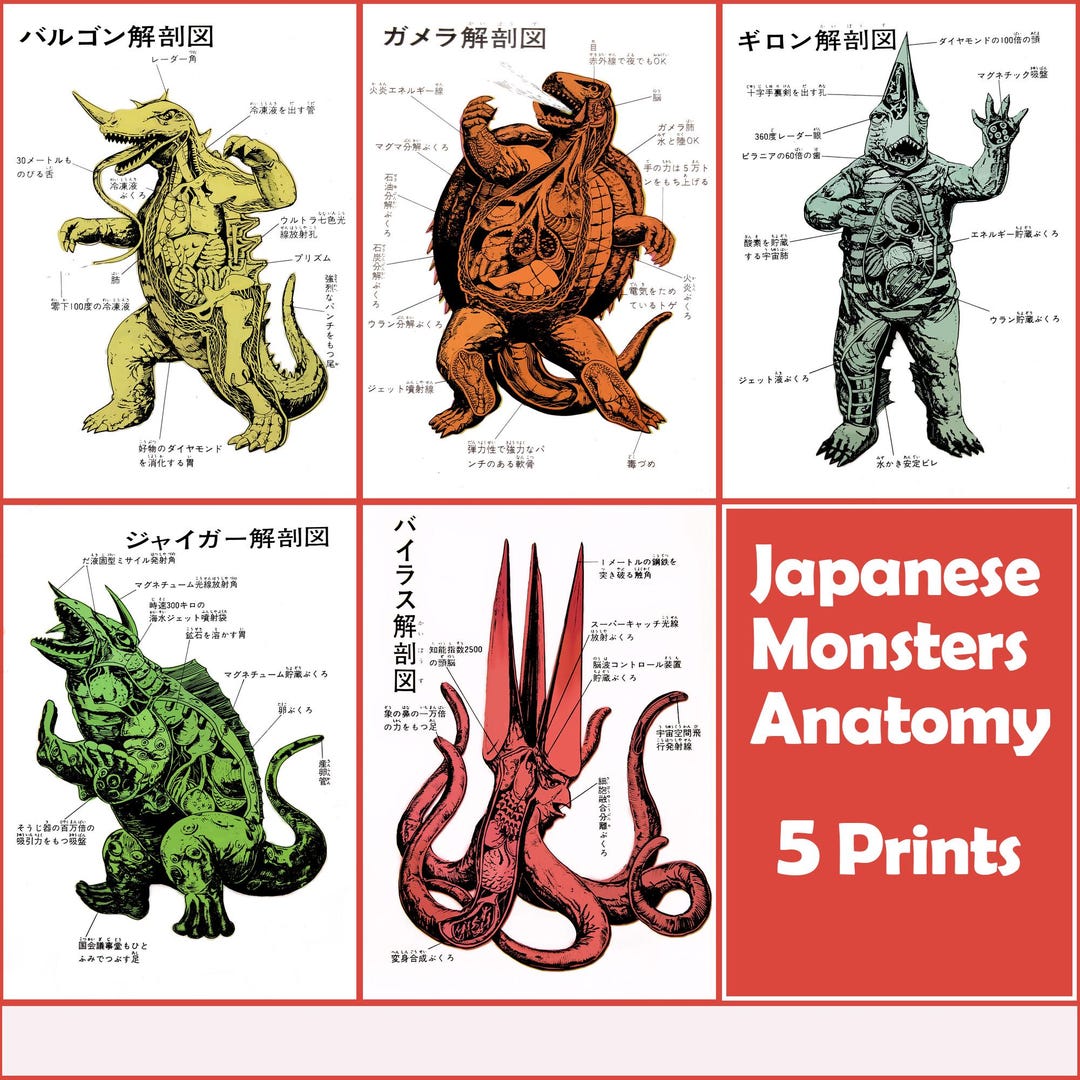 Japanese Monster Anatomy, Rare Find Retro Posters, 5 Wall Prints ...