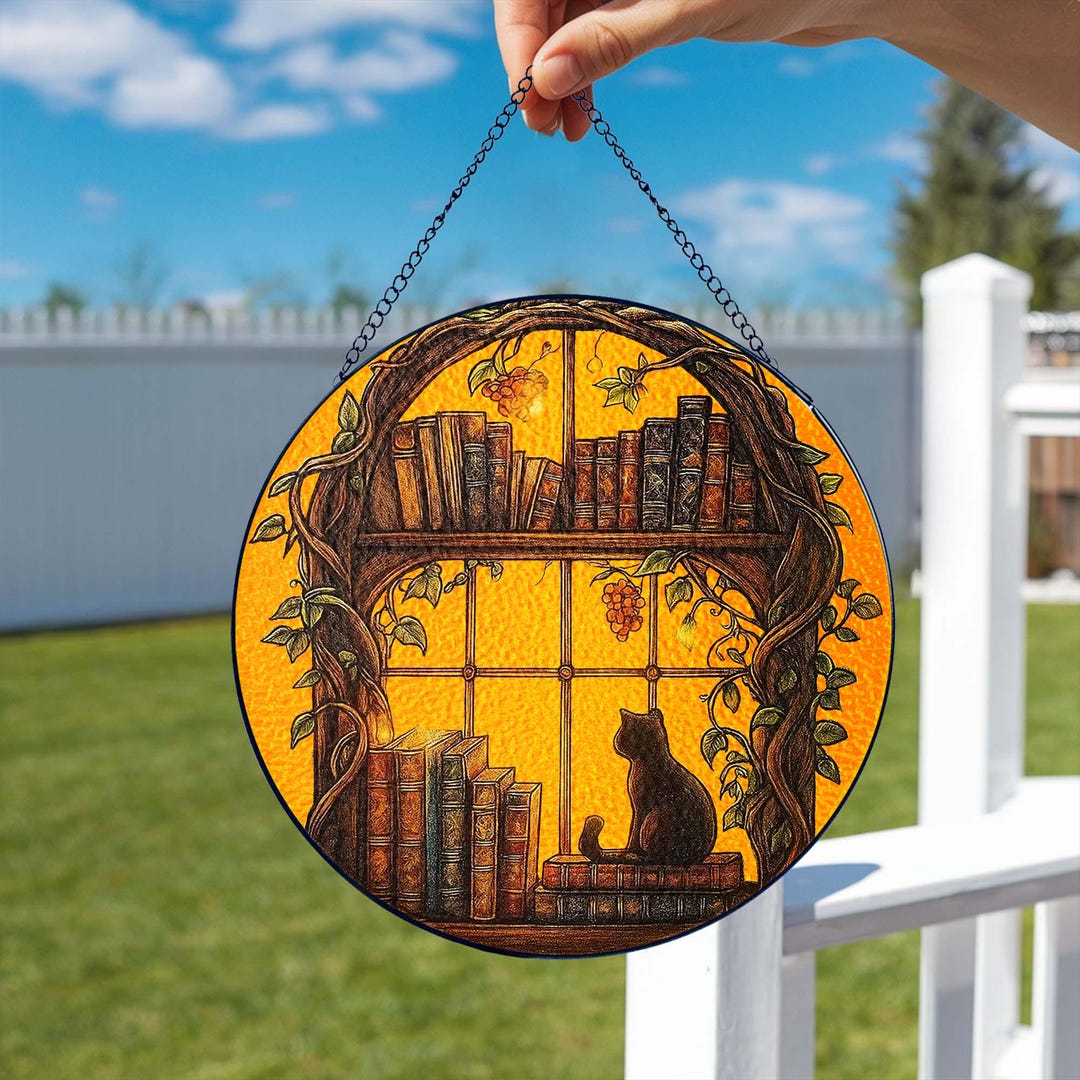 Personalized Cat Book Suncatcher, Custom Reading Cat Suncatcher ...