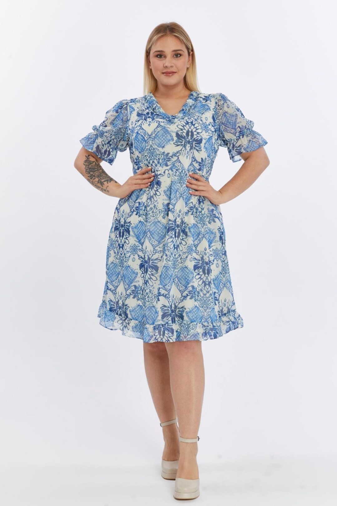 Blue Floral Print Midi Dress, Plus Size Chiffon Dress With Ruffle ...