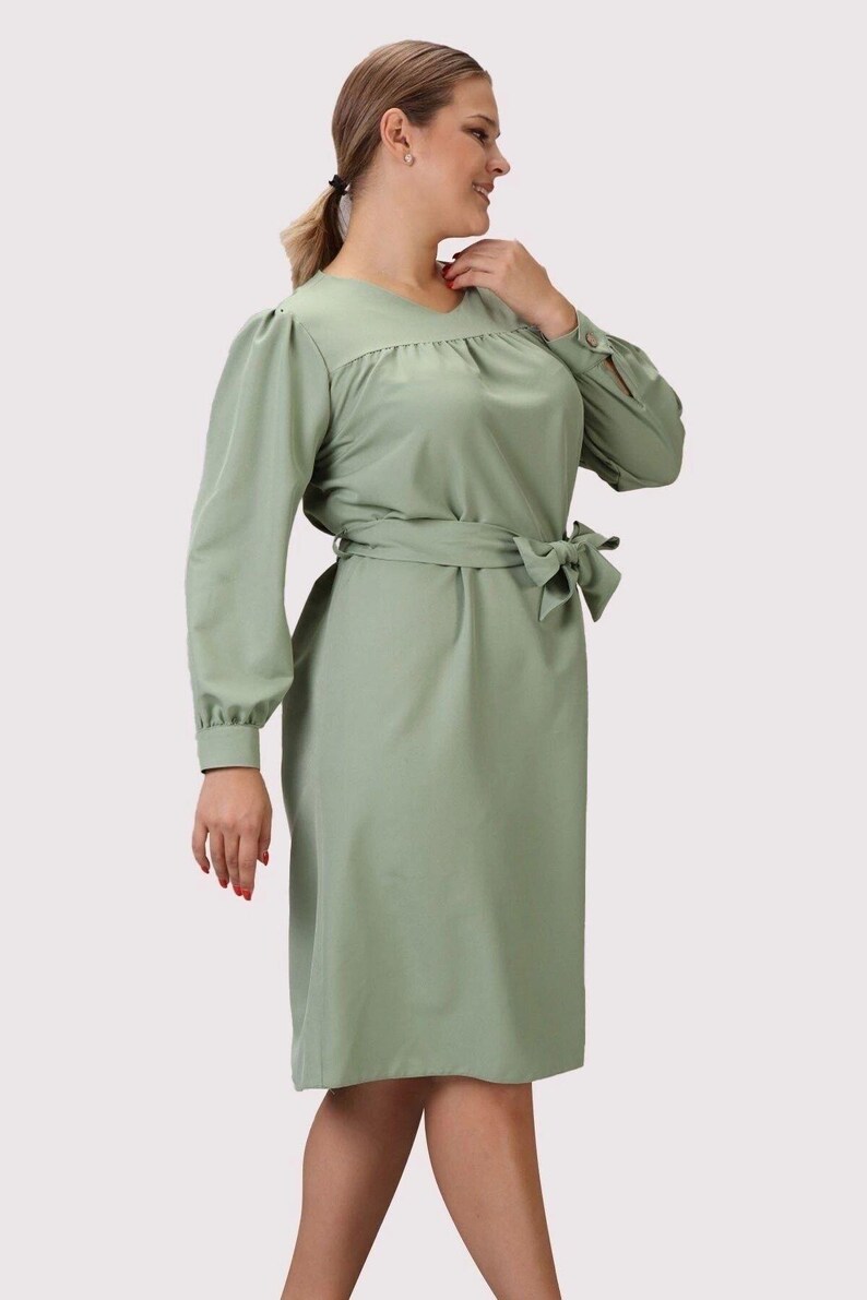 Plus Size Sage Green Midi Dress, Long Sleeve Belted Dress, Elegant ...