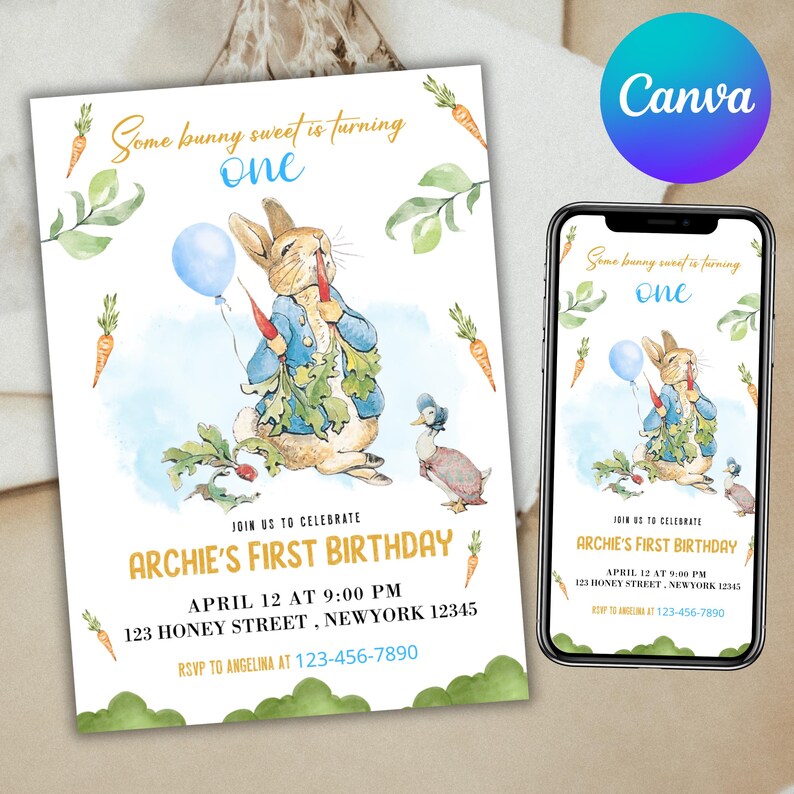 Peter Rabbit First Birthday Invitation, Birthday Invitation, Rustic ...