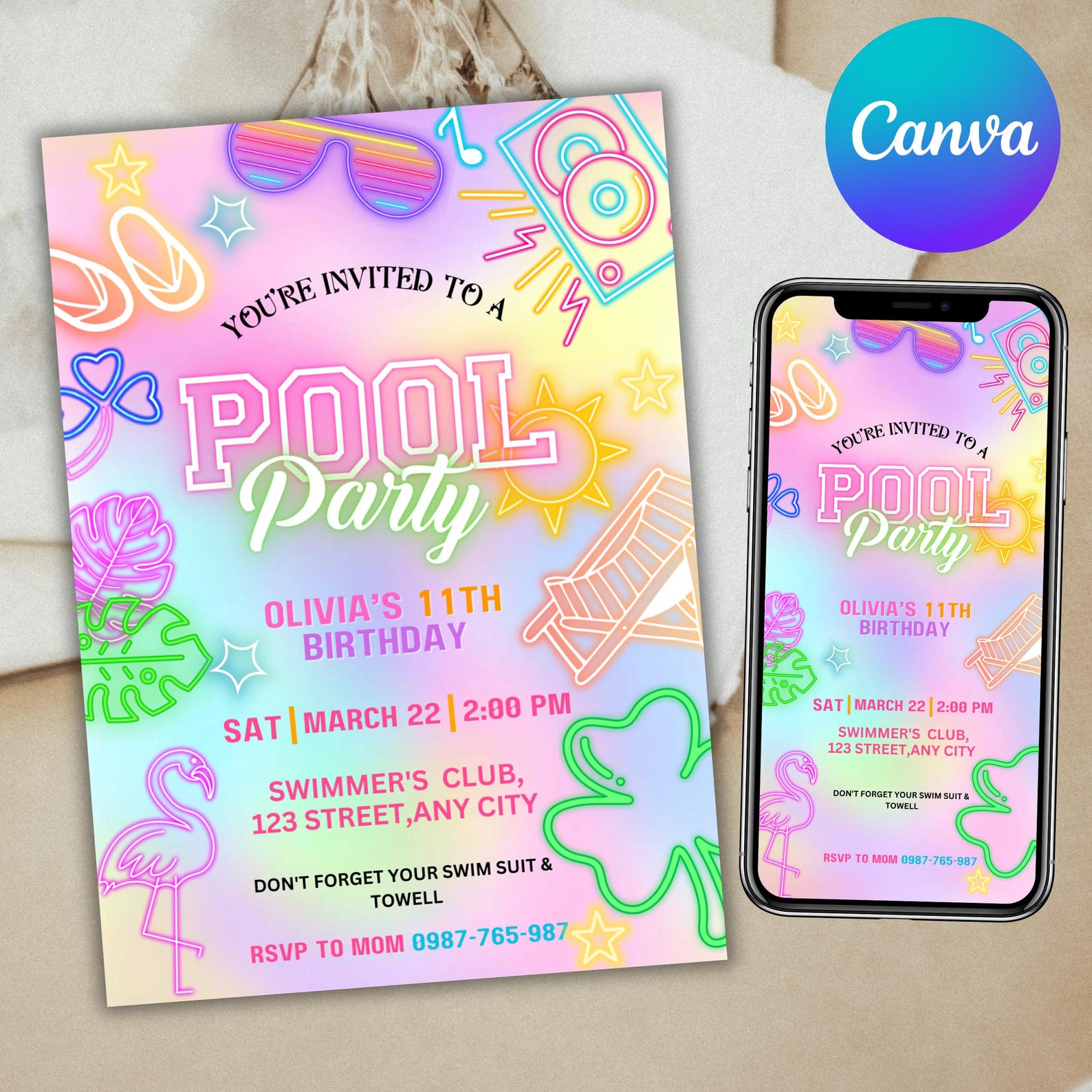 Editable Pool Party Invitation, Glow Neon Invite, Tropical Tie Dye ...