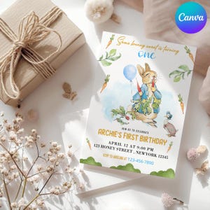 Peter Rabbit First Birthday Invitation, Birthday Invitation, Rustic ...