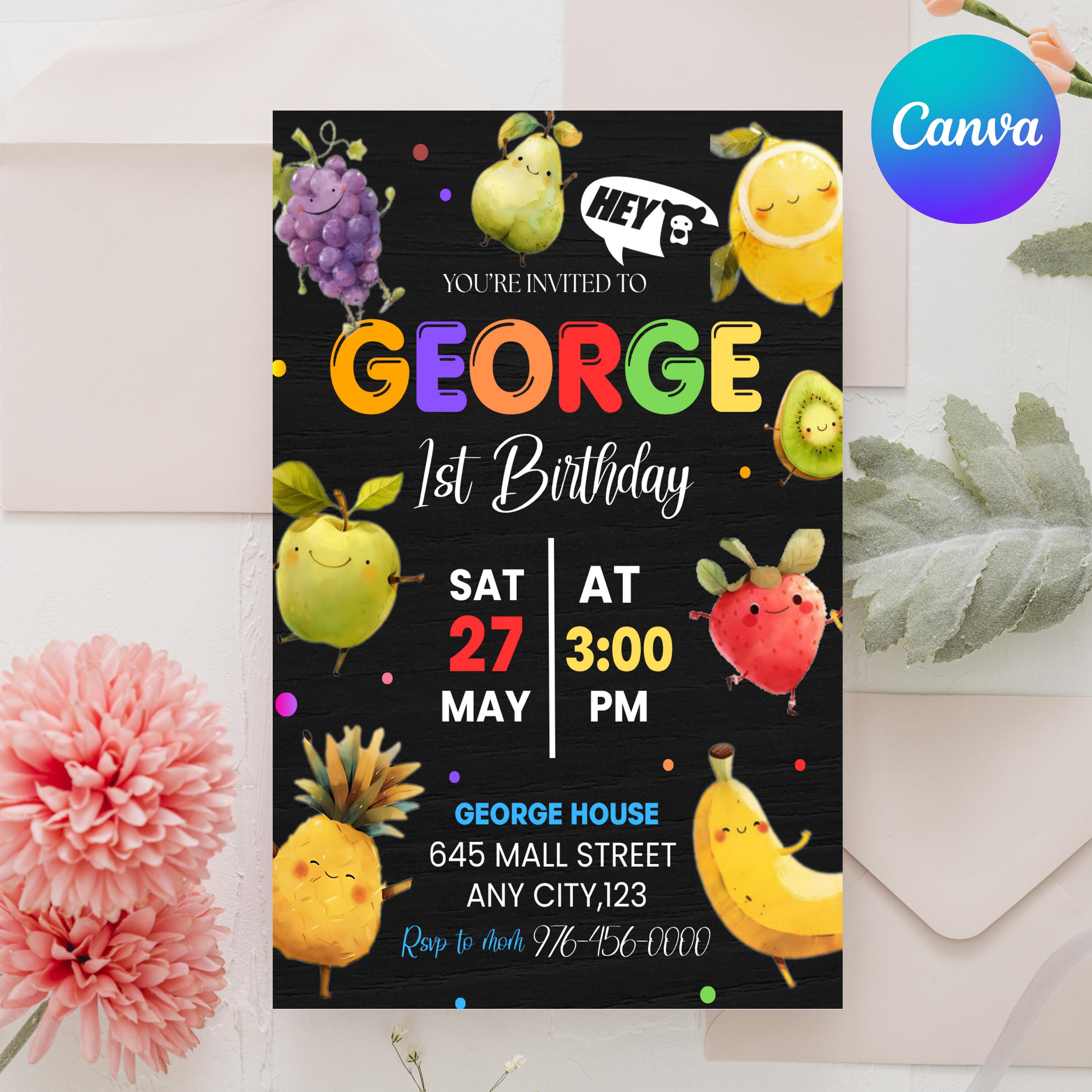 Hey Bear Sensory Invitation, Dancing Fruit Birthday Invitation, Hey ...