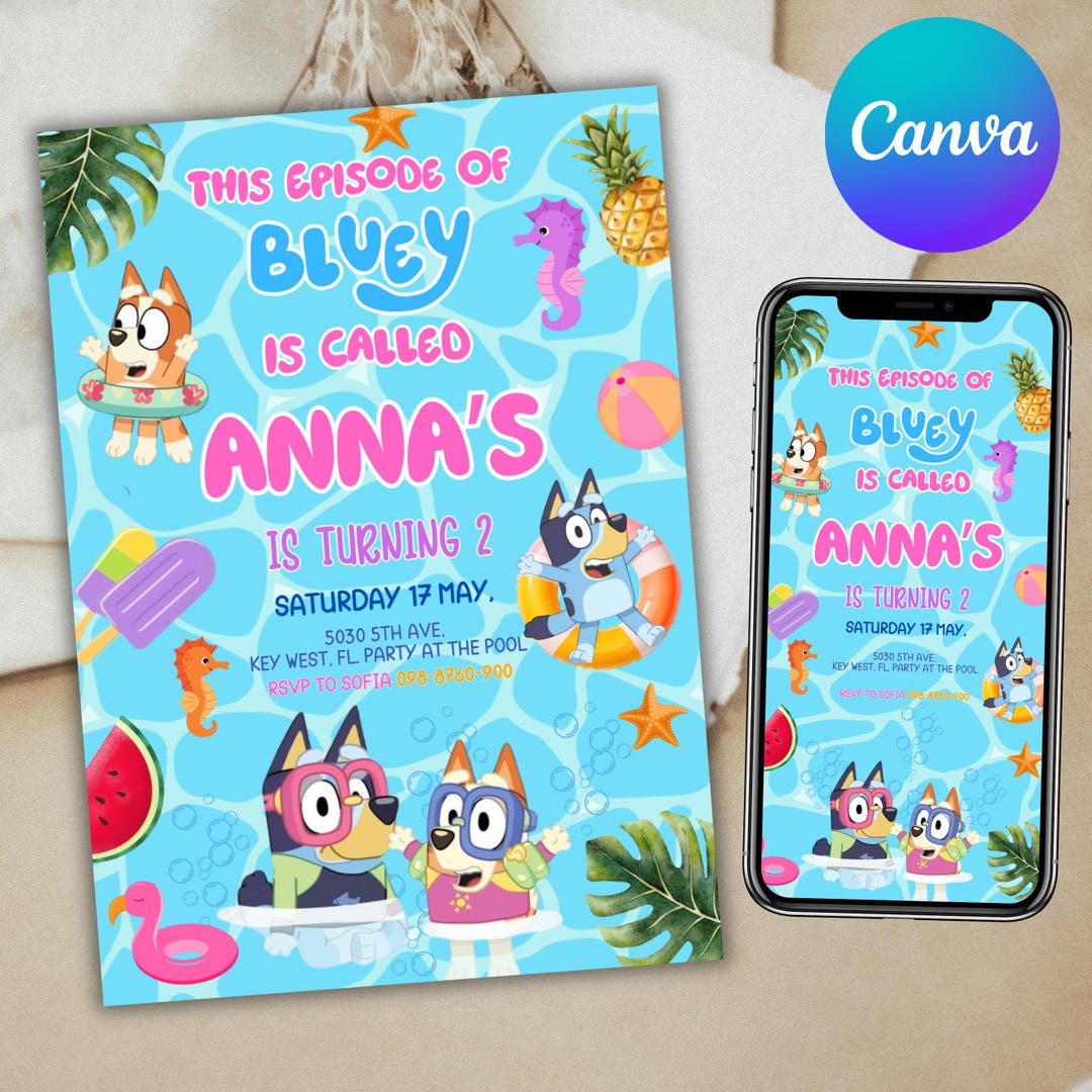 Bluey Pool Party Birthday Invitation, Bluey Birthday Invitation, Summer ...