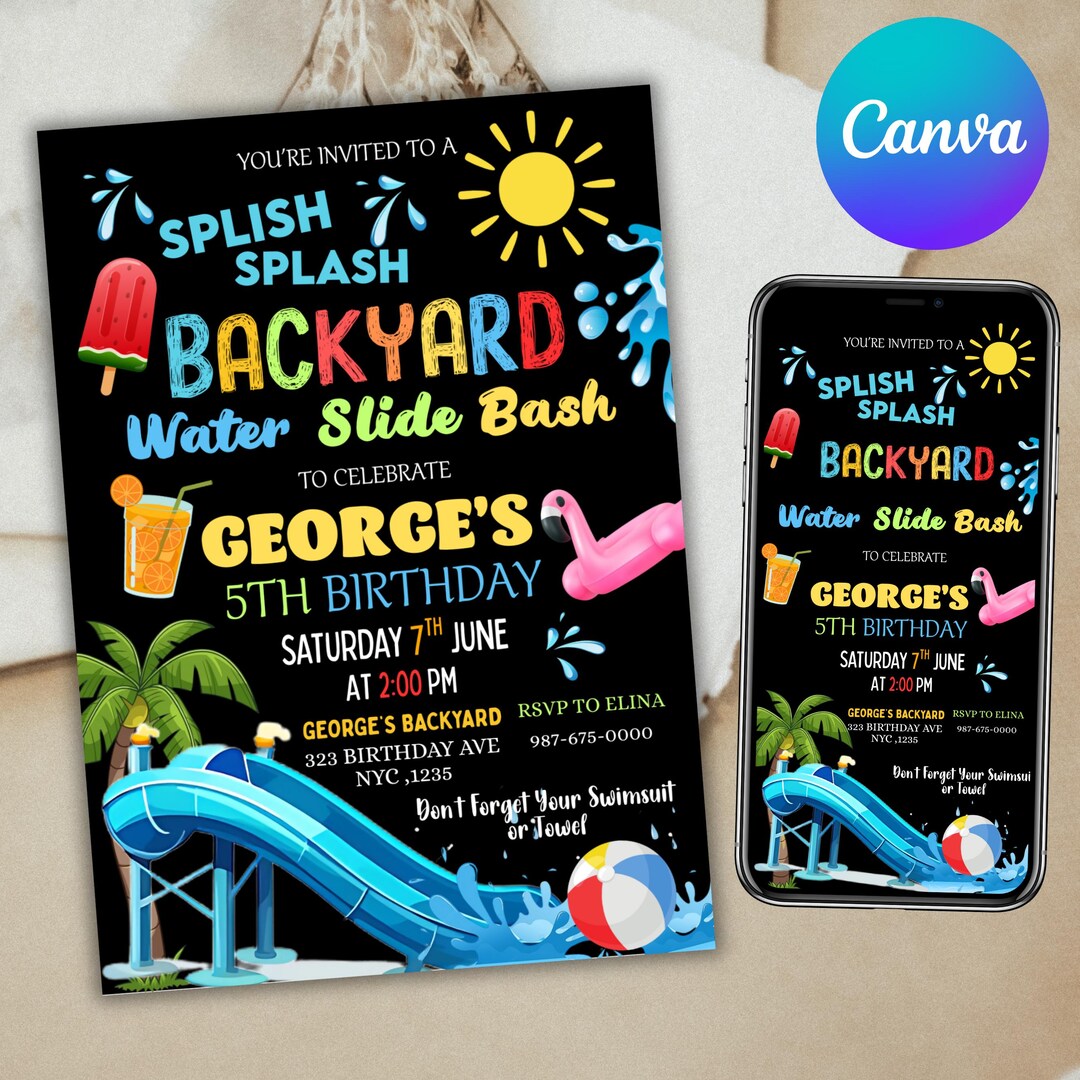 Waterslide Birthday Invitation, Water Slide Invitation, Boy Girl Splash ...