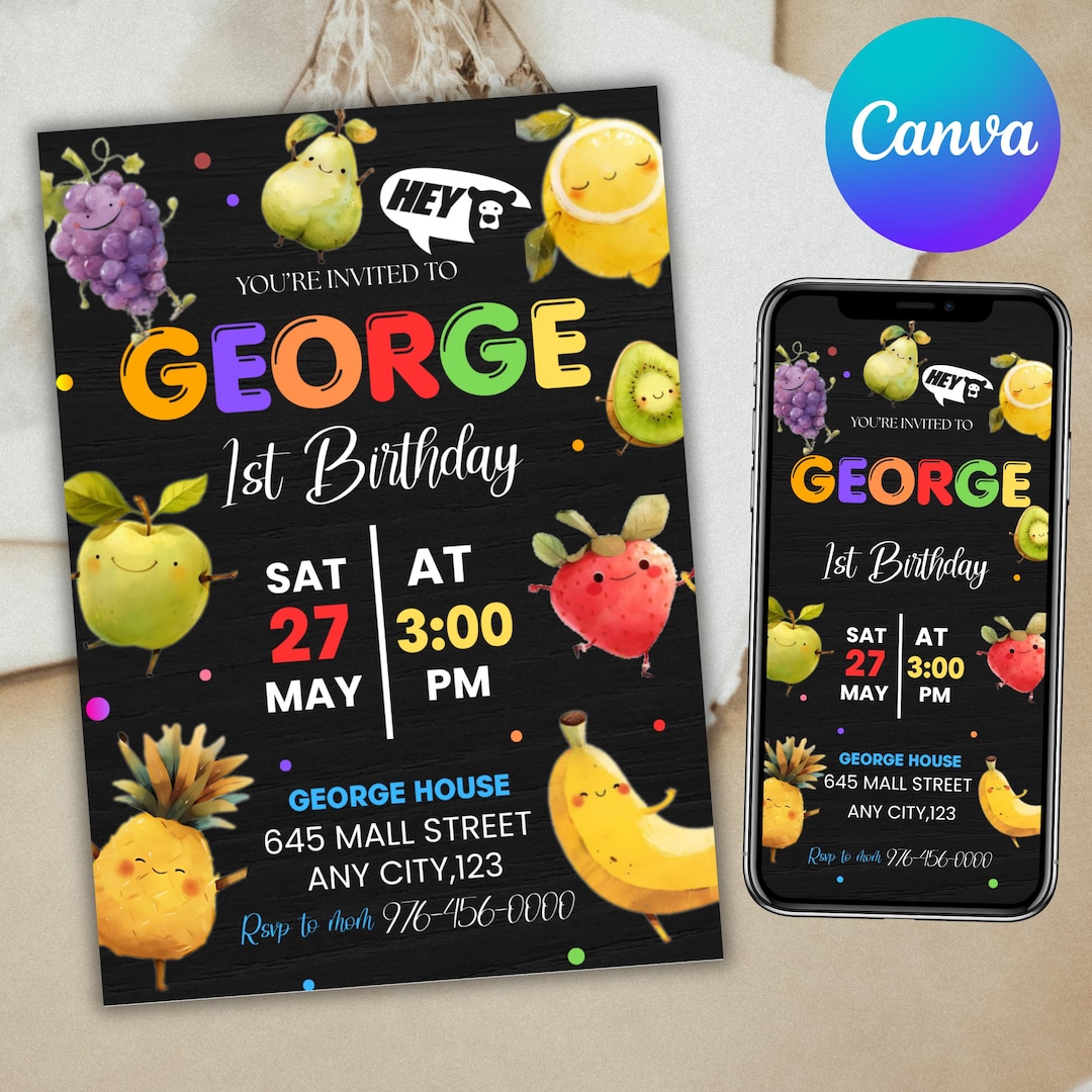 Hey Bear Sensory Invitation, Dancing Fruit Birthday Invitation, Hey ...