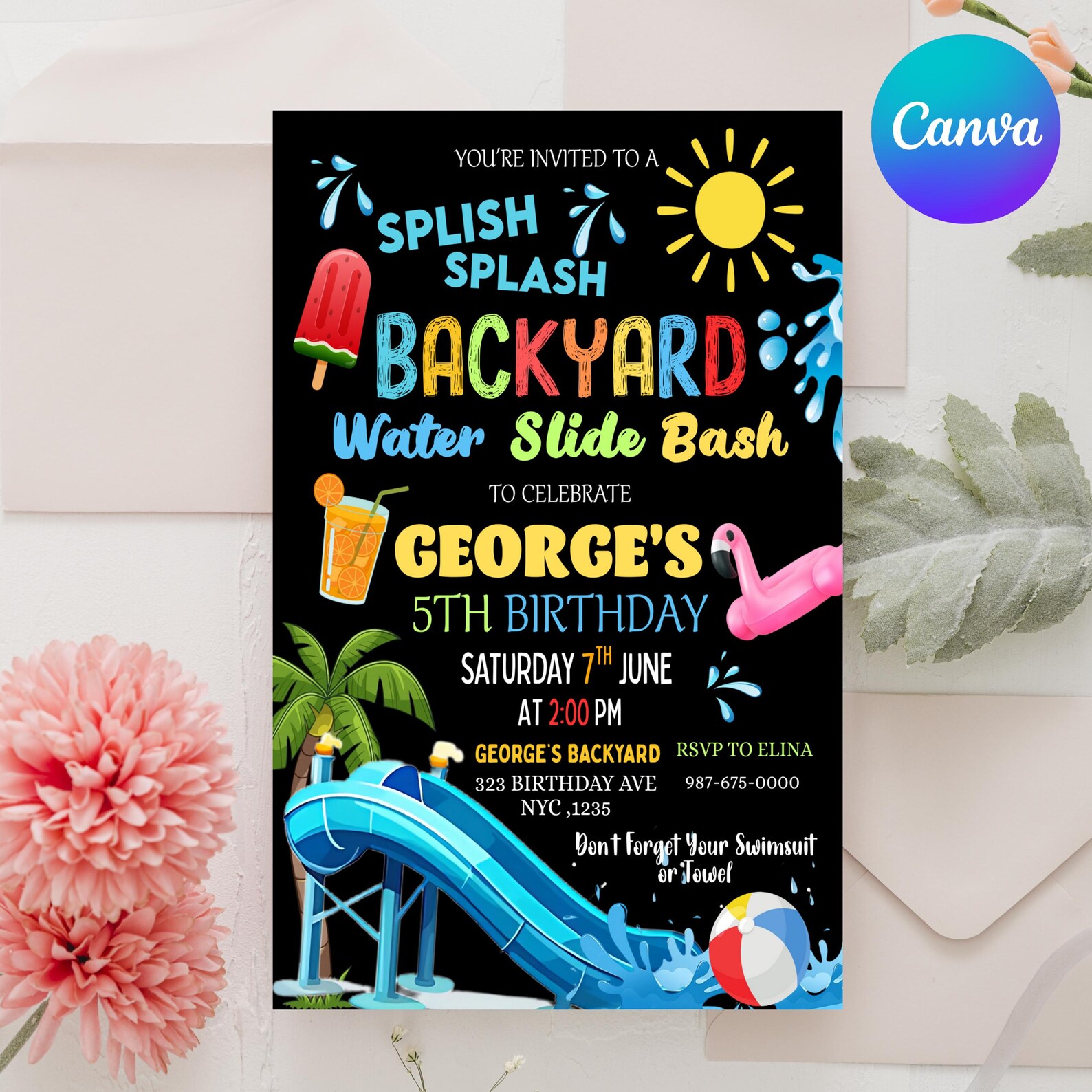 Waterslide Birthday Invitation, Water Slide Invitation, Boy Girl Splash ...
