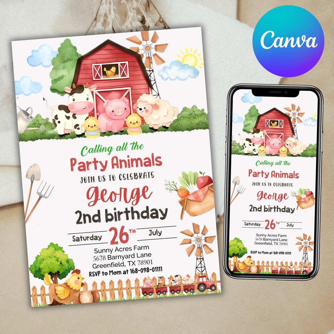 Farm Birthday Invitation, Farm Animals Party Invites, Barnyard Animals ...