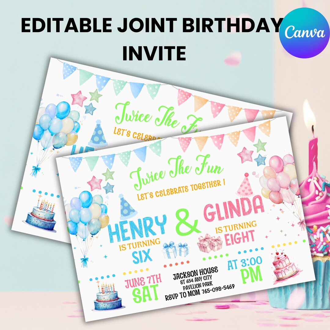 Editable Sibling Birthday Invitation, Double Birthday Invite, Dual ...