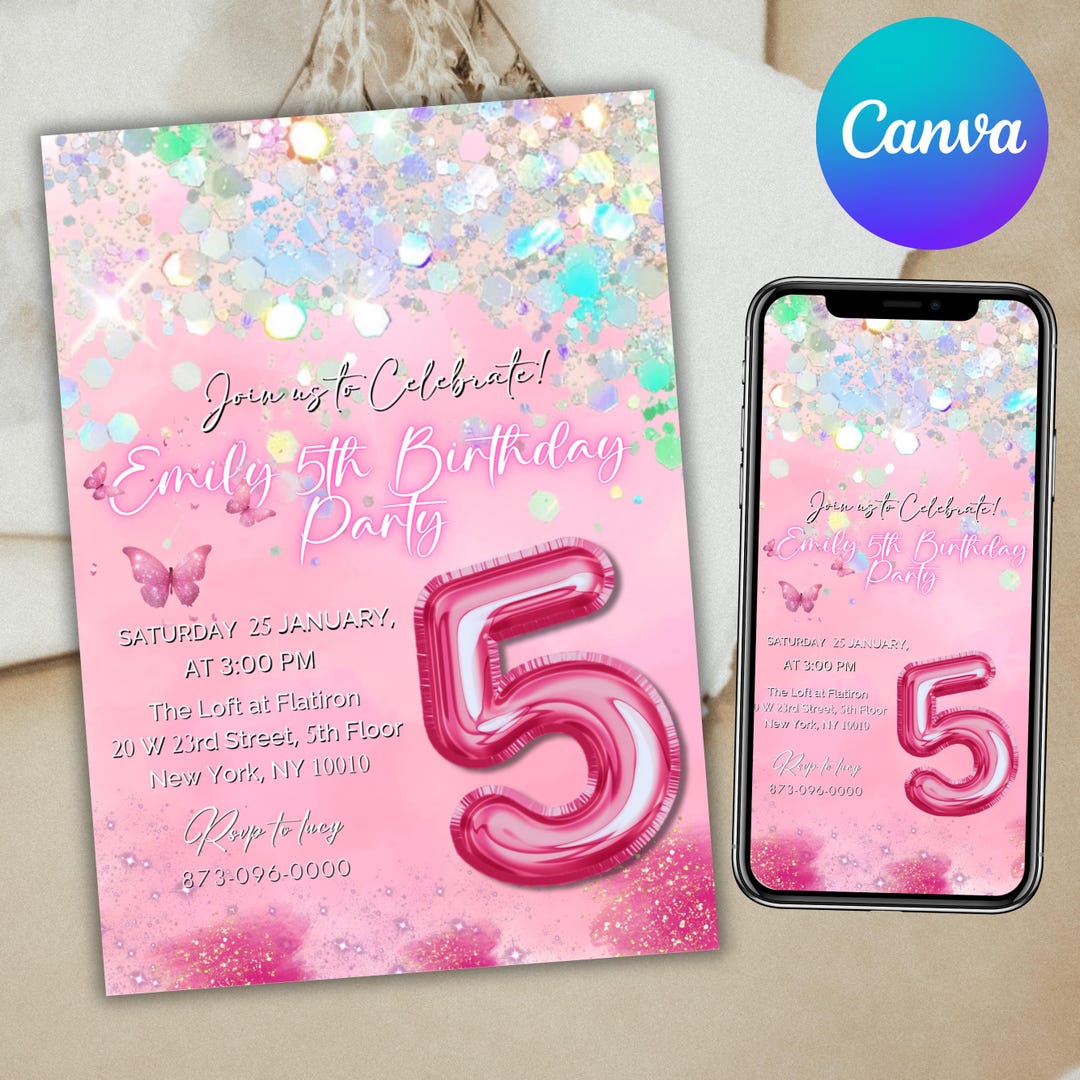 Pink 5th Birthday Invitation, Glitter Birthday Party Invite, Girl ...