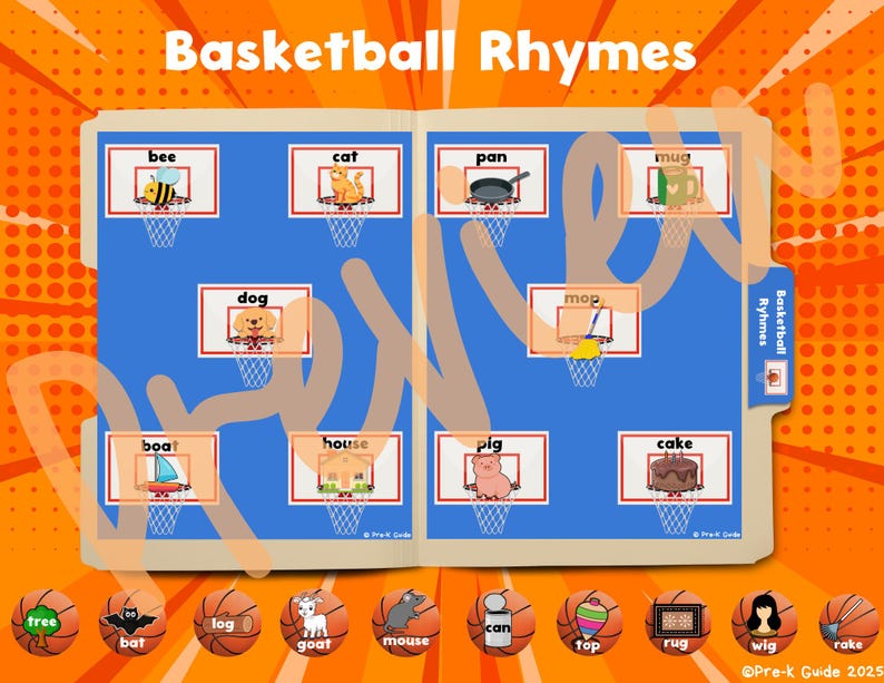 Pre-k Rhyming File Folder Game Basketball Rhyming Words Pre-k Class Pre ...