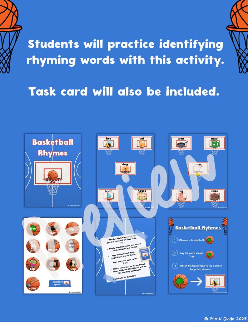 Pre-k Rhyming File Folder Game Basketball Rhyming Words Pre-k Class Pre ...