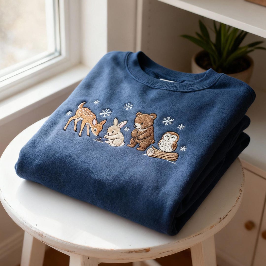 Woodland Animals Embroidered Sweatshirt, Cozy Forest Animal Crewneck ...