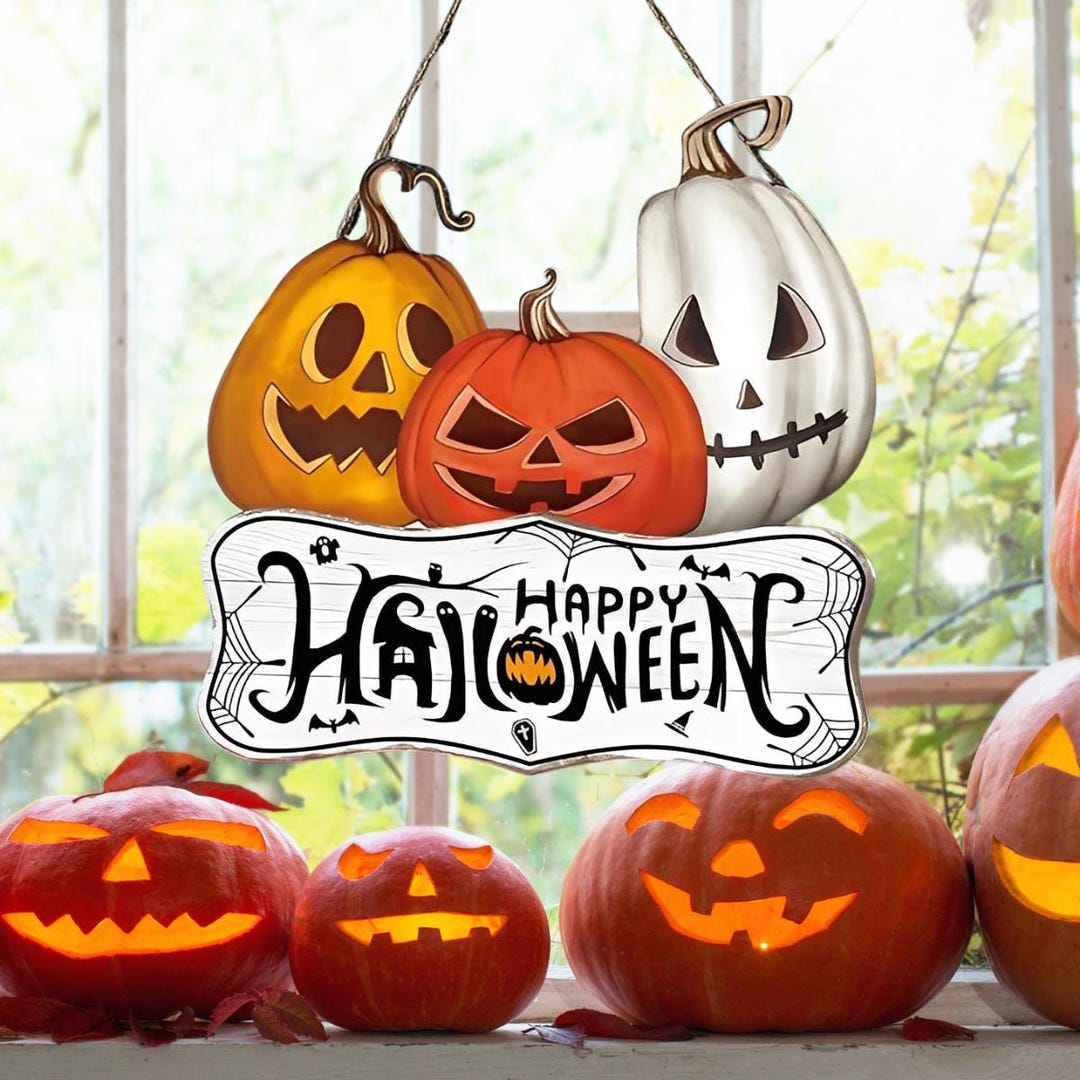 Wooden Halloween Welcome Door Sign, Happy Halloween Pumpkin Wreath ...