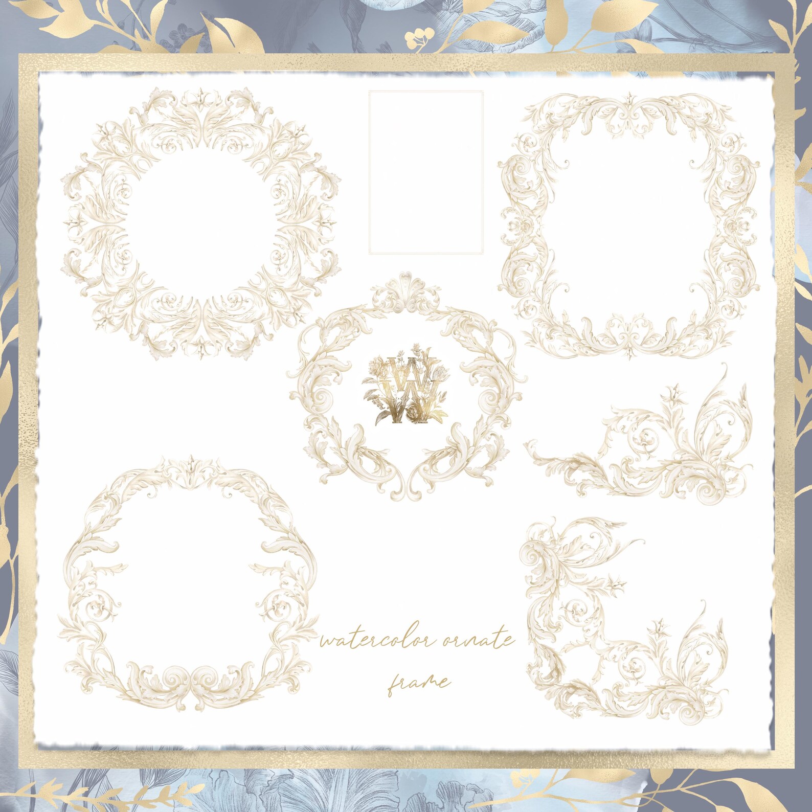 Watercolor Baroque Frames Clip Art, Ornamental Wedding Borders, Vintage ...