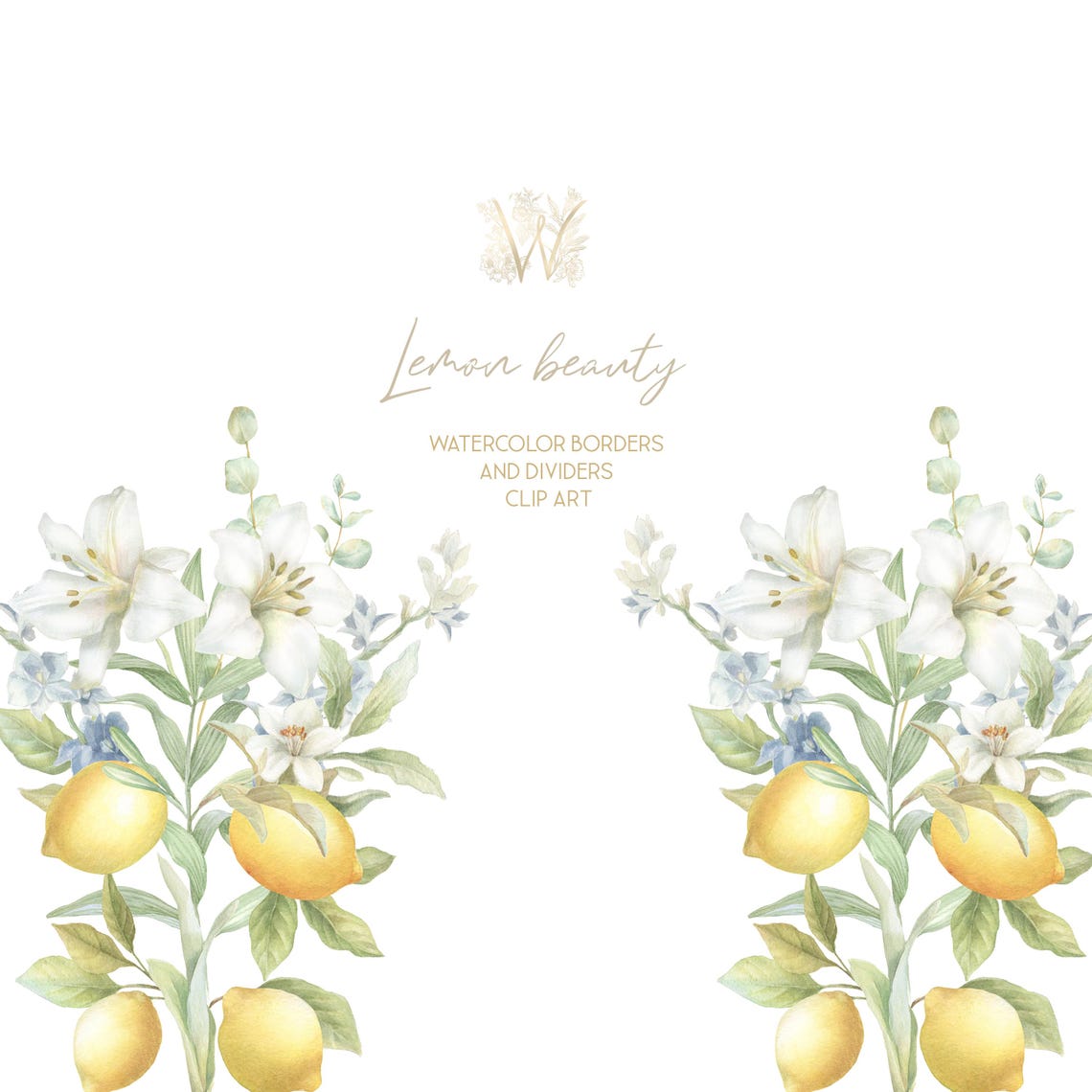 Lemon Clipart, Watercolor Lily Border PNG, Mediterranean Floral ...