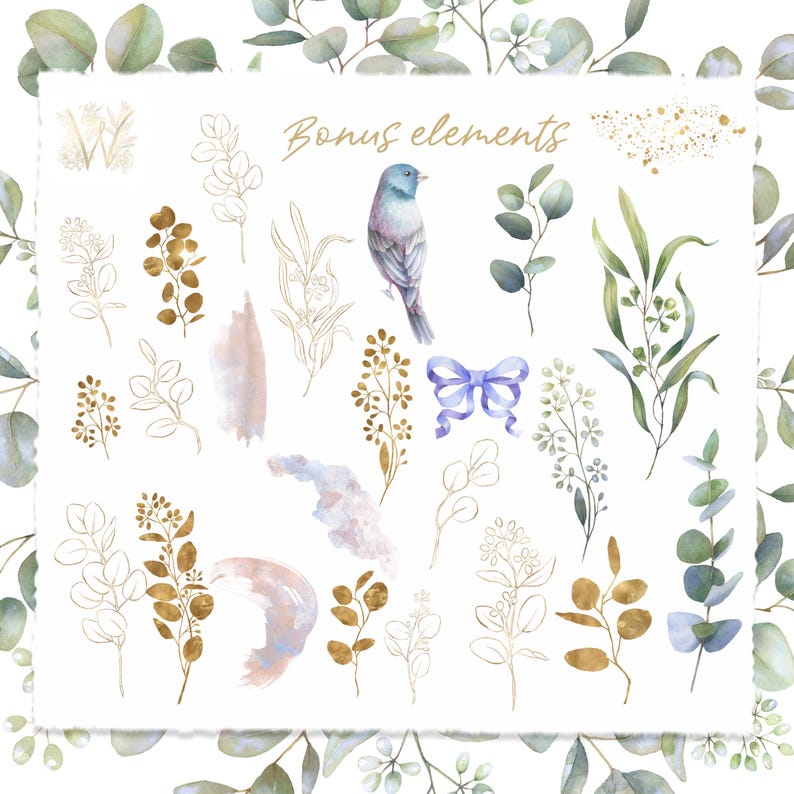 Watercolor Eucalyptus Clipart: Greenery Frames, Gold Accents (PNG ...