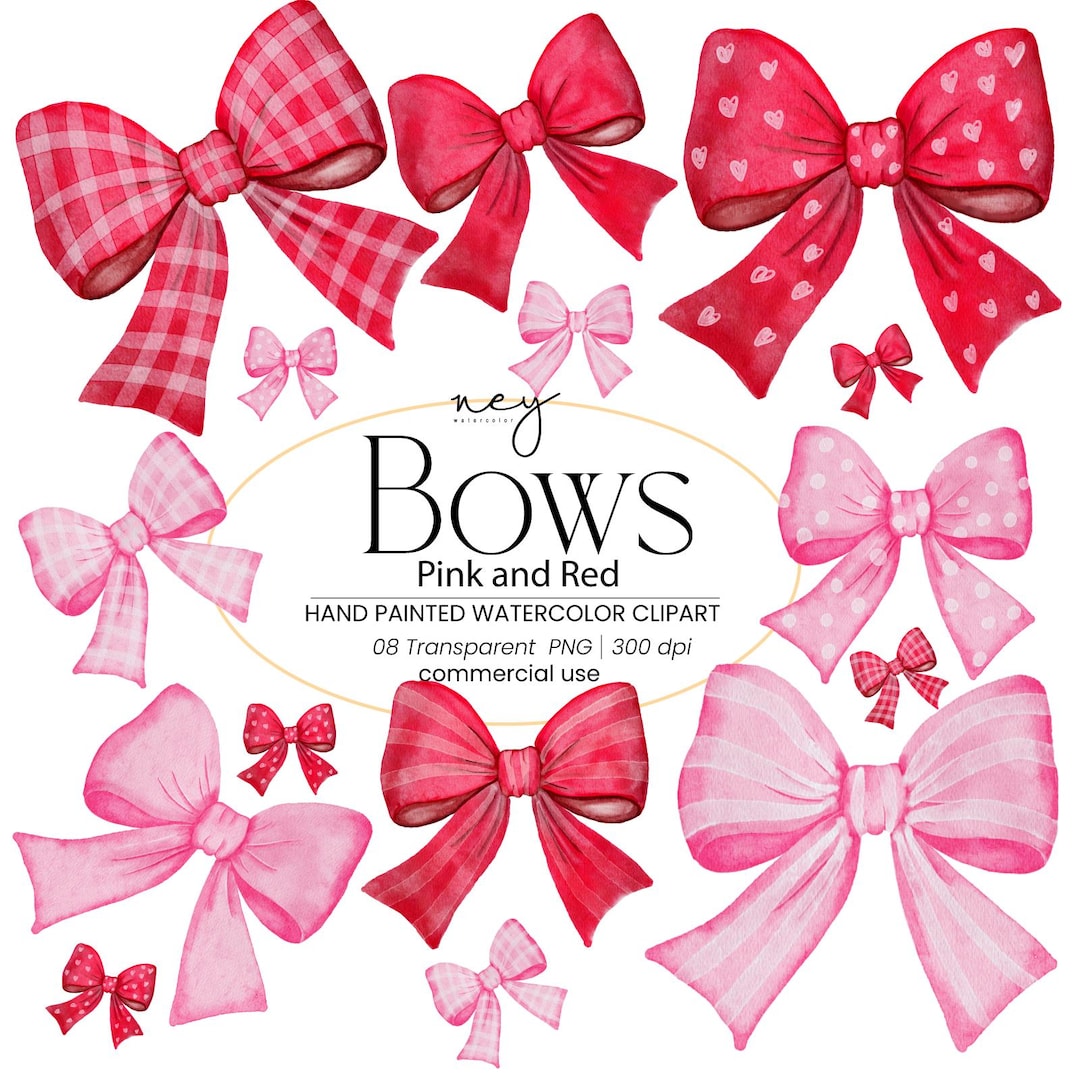 Pink and Red Bows Clipart, Coquette Ribbon, Watercolor Hand Painted PNG ...