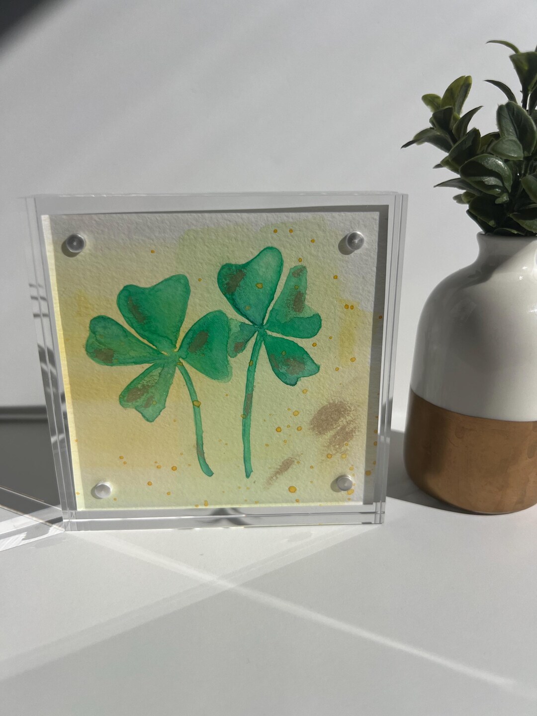 Lucky Clover Watercolor Painting | Small Artwork in Acrylic Frame ...