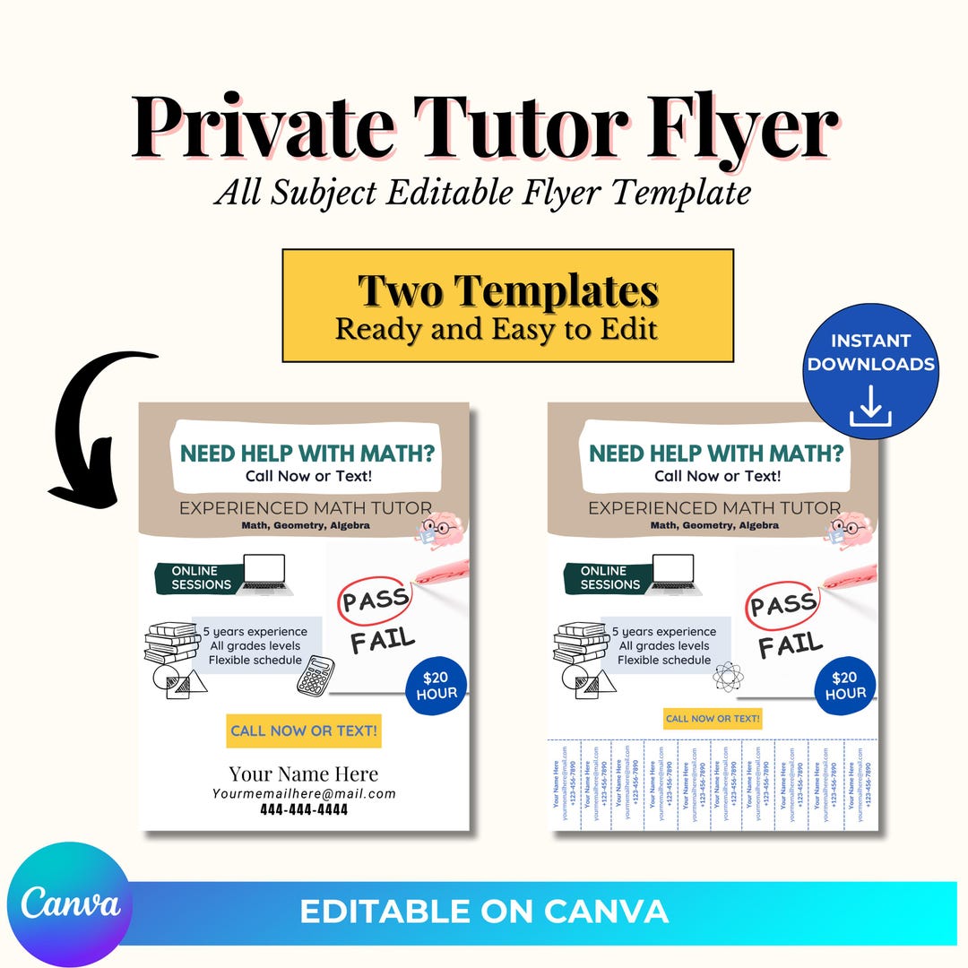Private Tutor Editable Flyer, Customizable Tear off Flyer, Elementary ...