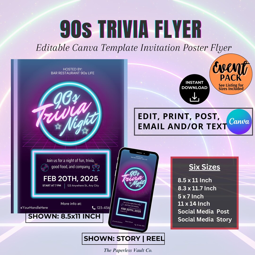 90s Trivia Night Flyer Editable Template, Game Event Poster, Trivia ...