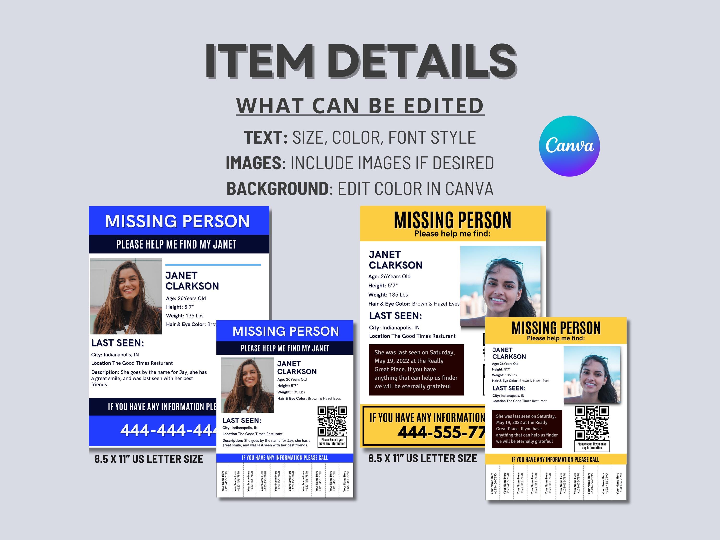 Missing Person Flyer Template: Editable Tear-off Design (canva & Word ...