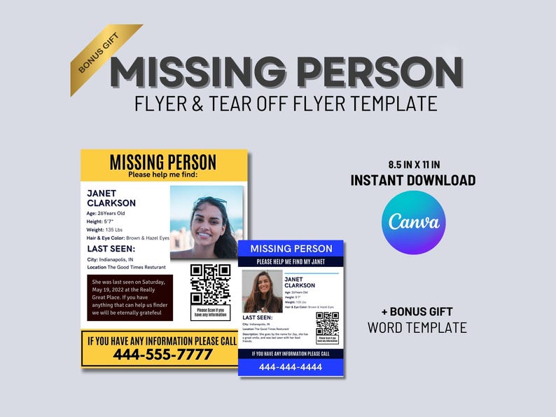 Missing Person Flyer Template: Editable Tear-off Design (canva & Word ...