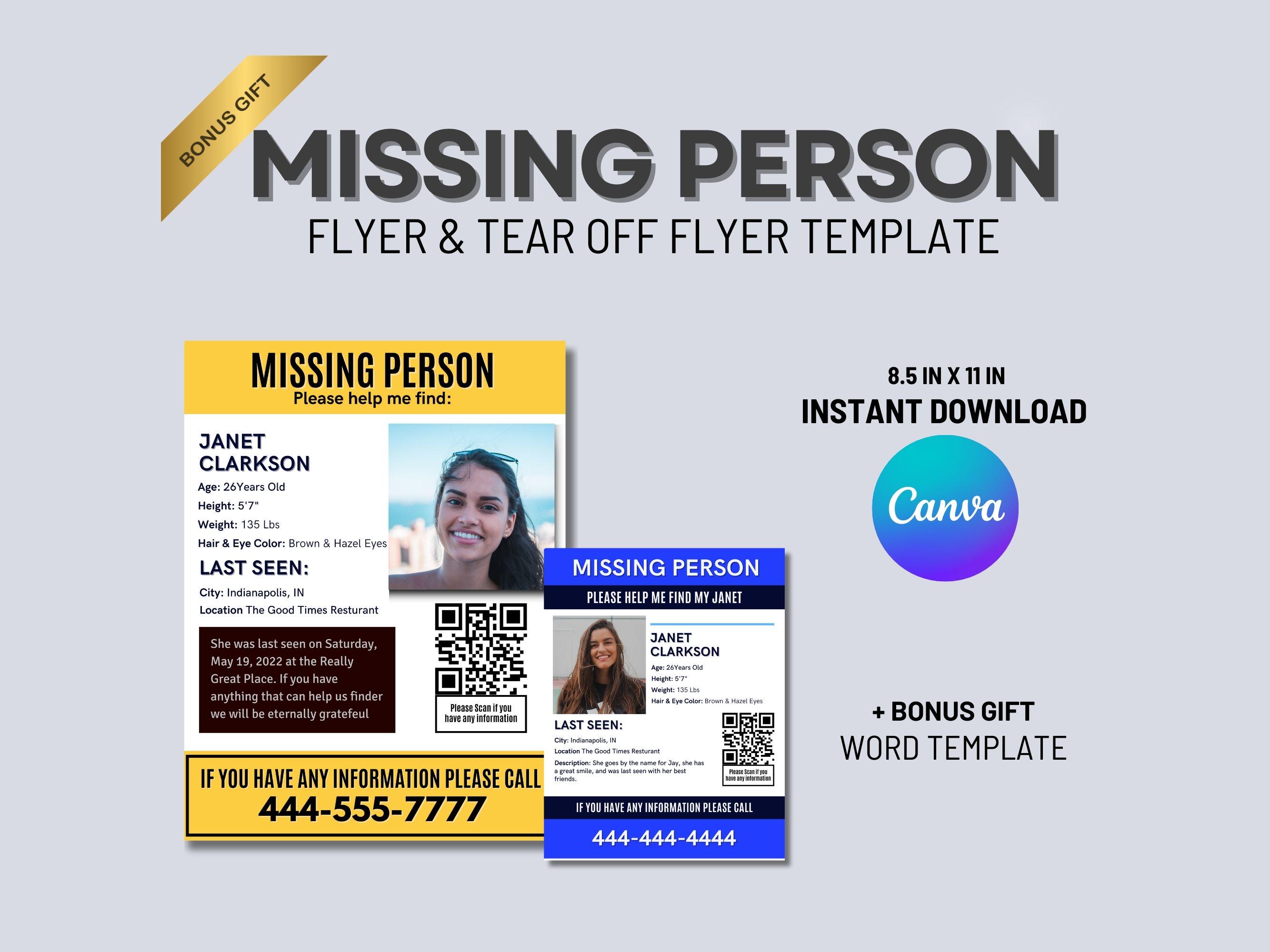 Missing Person Flyer Editable Template Missing Persons Tear off Flyer Missing Persons Poster ...
