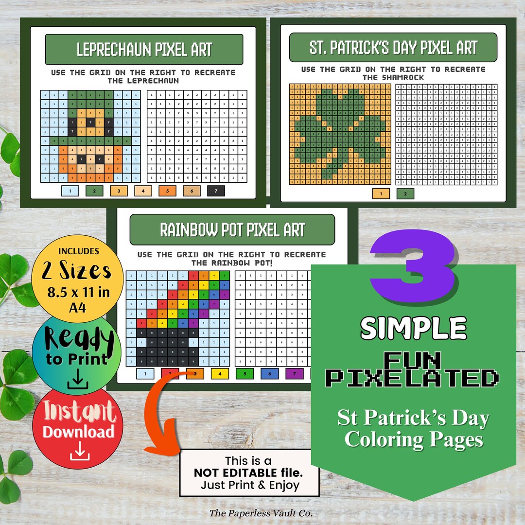 St Patrick's Color by Number Pages PRINTABLE, Pixel Coloring Pages, St ...