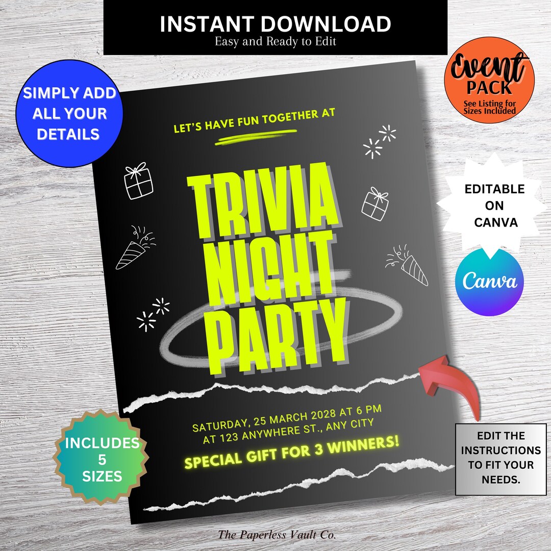 Game Trivia Night Editable Flyer Invite Poster, Trivia Night Event ...
