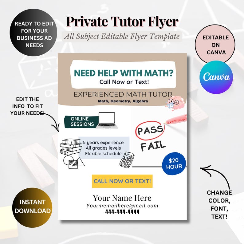 Editable Tutoring Flyer Template: Math, English, Summer Services (canva ...
