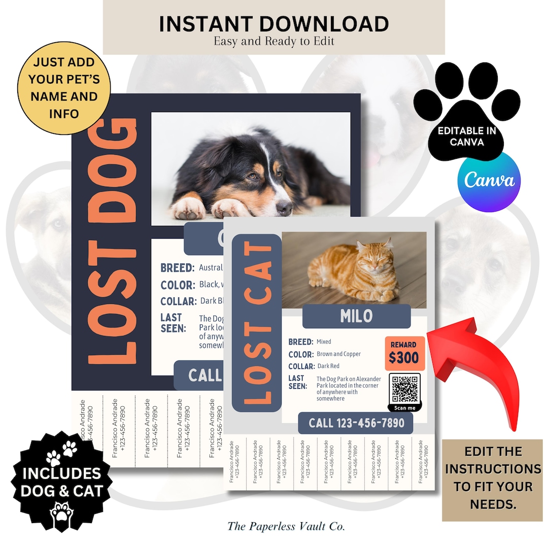 Lost Pet Flyer Editable Template Missing Dog Flyer Bundle Lost Cat ...