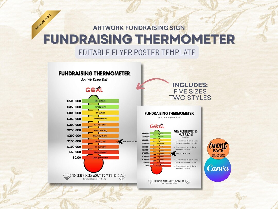 Editable Fundraising Thermometer Template: Goal Tracker (digital ...