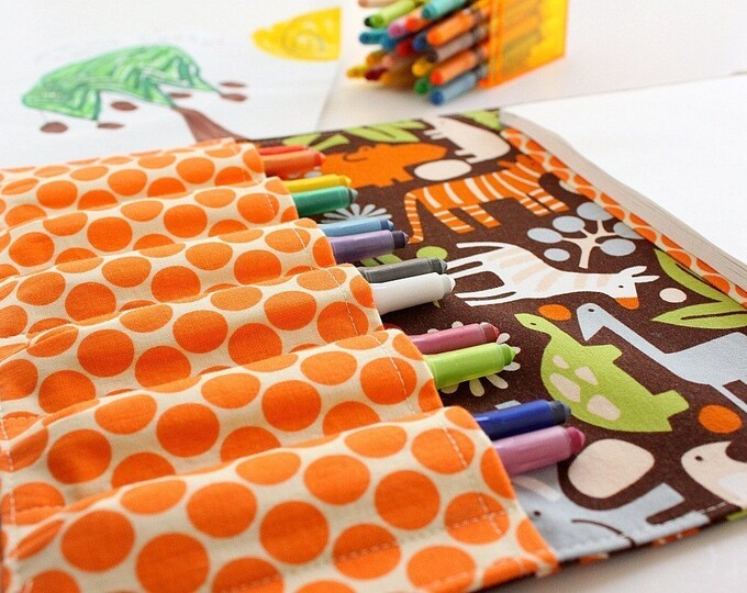 Crayon Drawing Travel Case Large Wallet Kid Art Organizer 2D Zoo Orange ...