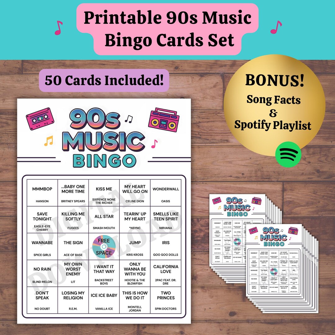 90s Music Bingo Game: 50 Printable Cards, Trivia & Spotify Playlist ...
