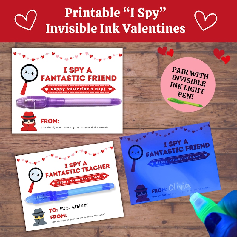 I Spy Valentine Cards: Invisible Ink, Secret Agent Theme (printable PDF ...