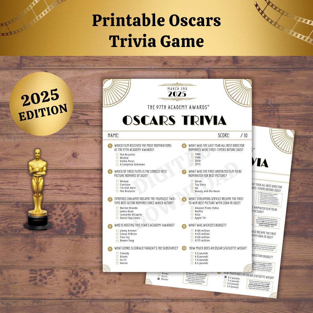 Oscars Trivia Game 2025: Printable Academy Awards Party Fun Facts ...