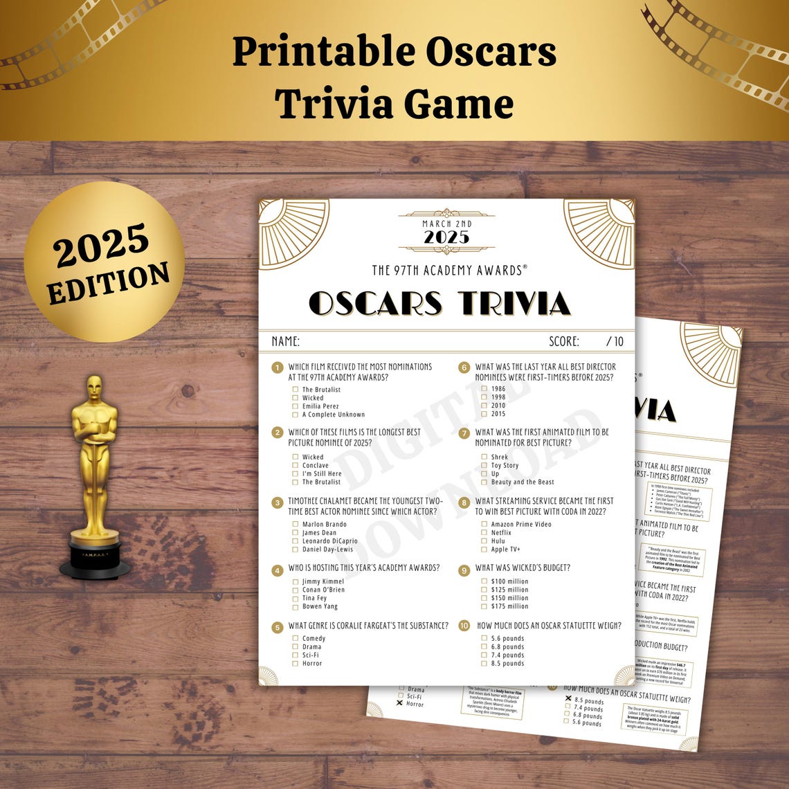 Oscars Trivia Game 2025: Printable Academy Awards Party Fun Facts ...