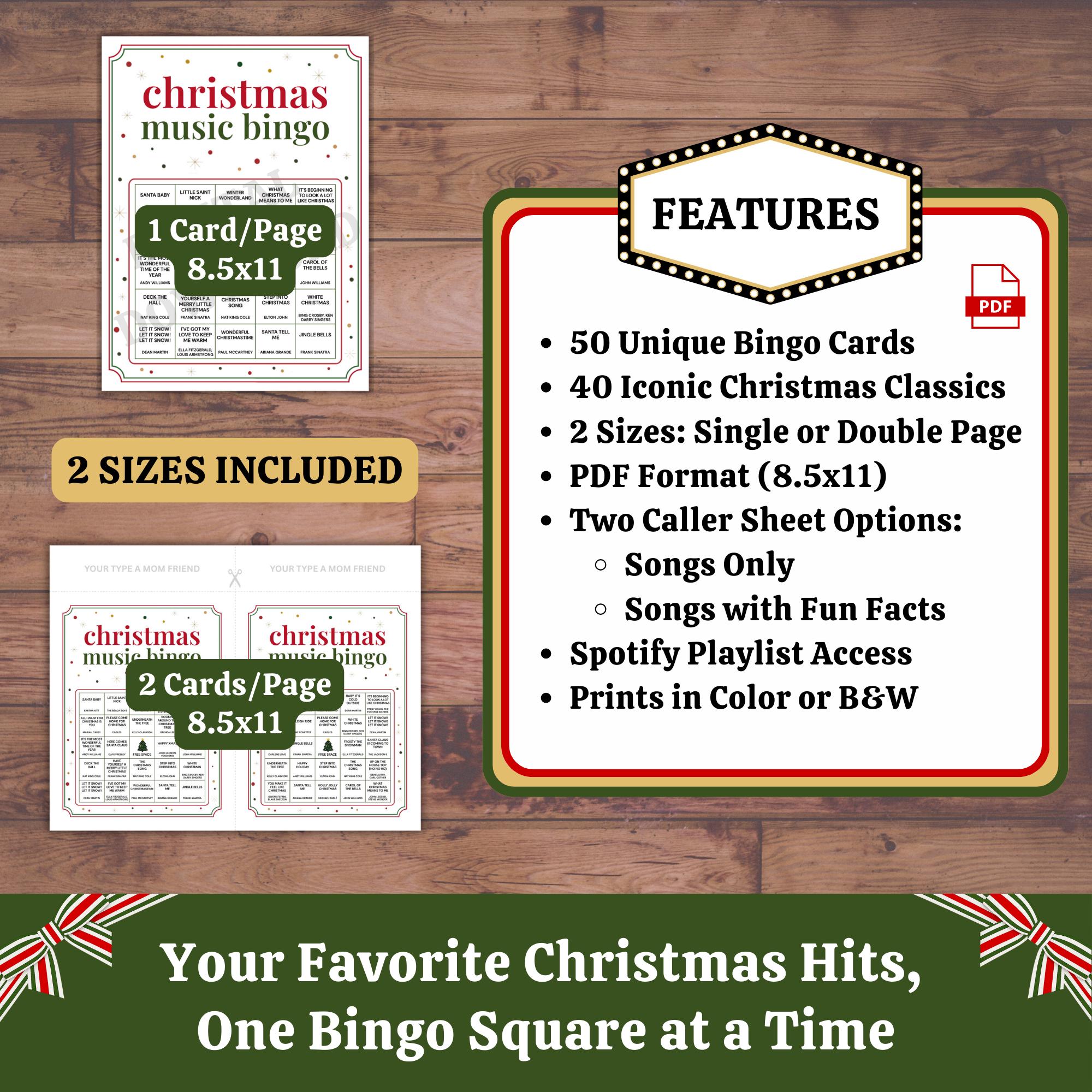 Christmas Music Bingo Game: 50 Printable Cards, Holiday Trivia ...