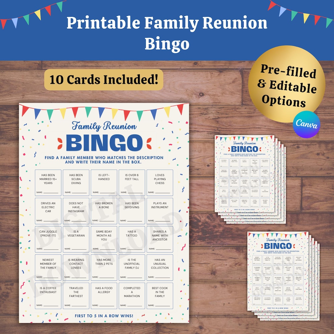 Family Reunion Bingo Game, Printable Find Someone Who Cards, Editable ...