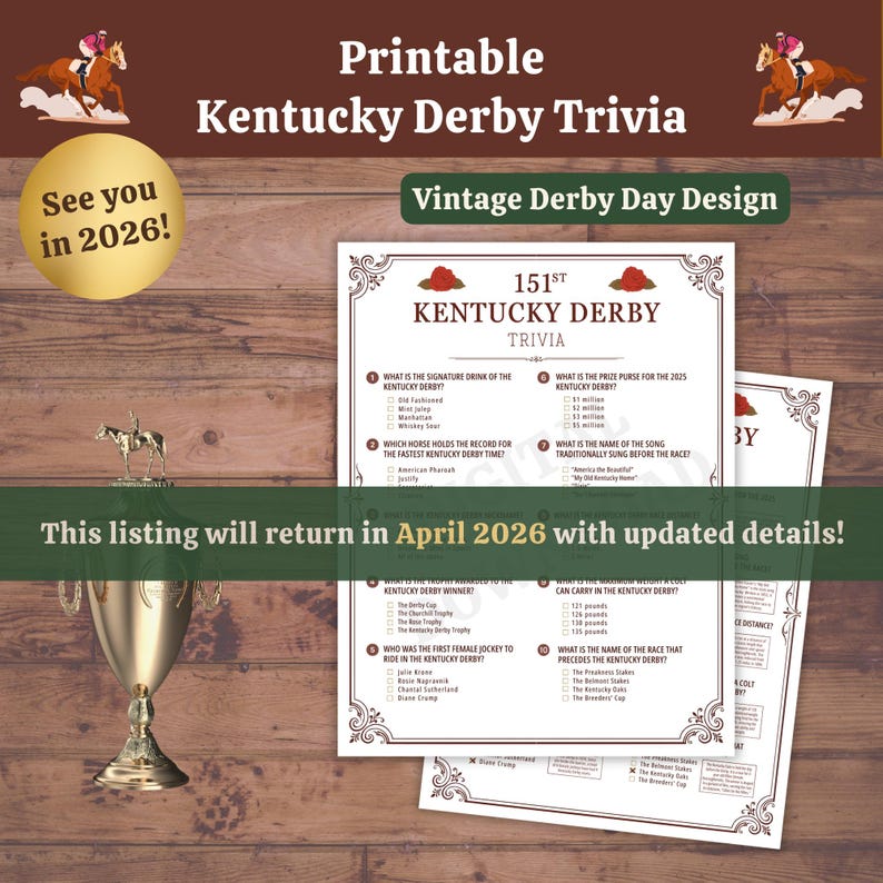 Kentucky Derby Trivia, 2025 Derby Party Game, Printable Horse Racing ...