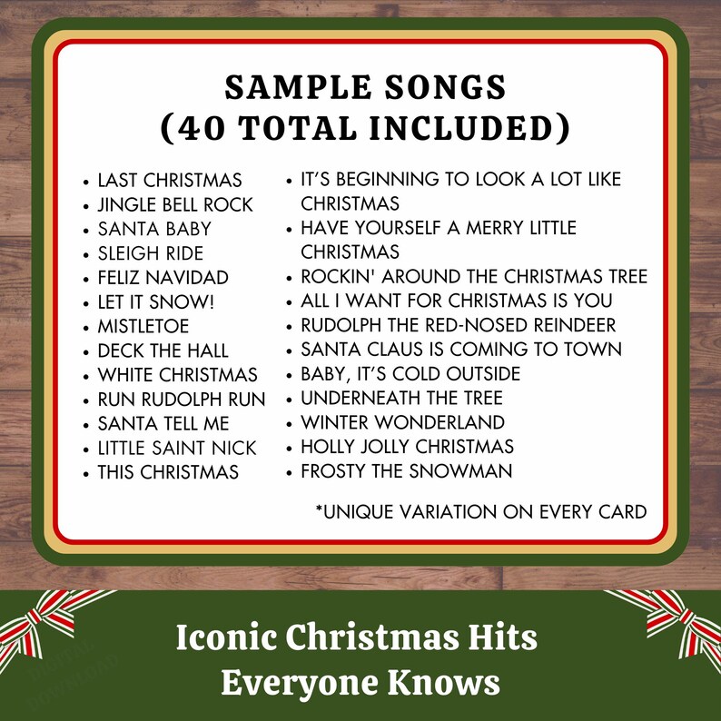 Christmas Music Bingo Game: 50 Printable Cards, Holiday Trivia ...