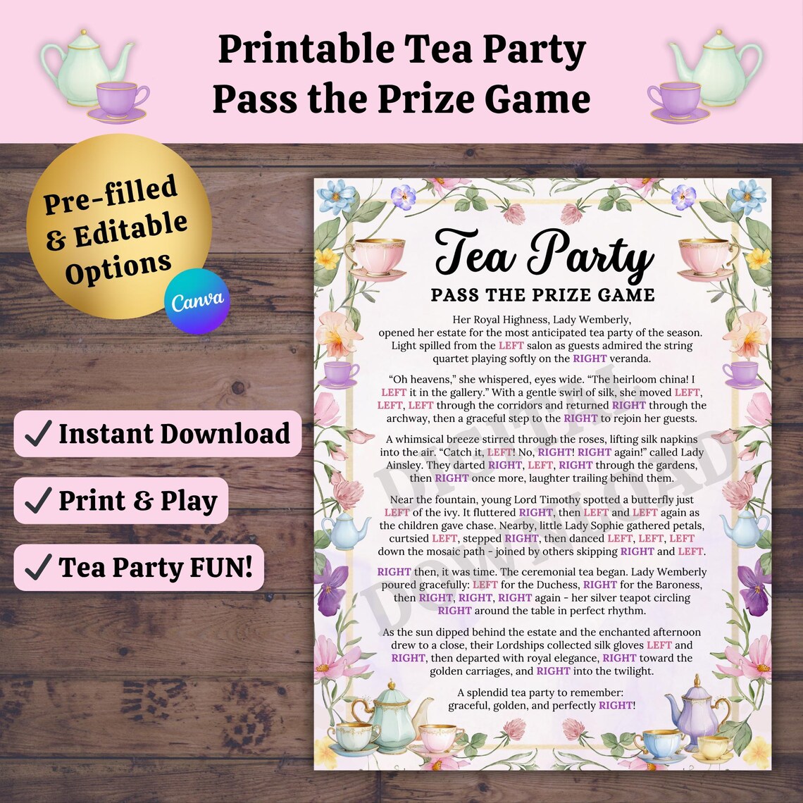 Tea Party Game: Pass the Prize Story (printable PDF & Canva Template ...
