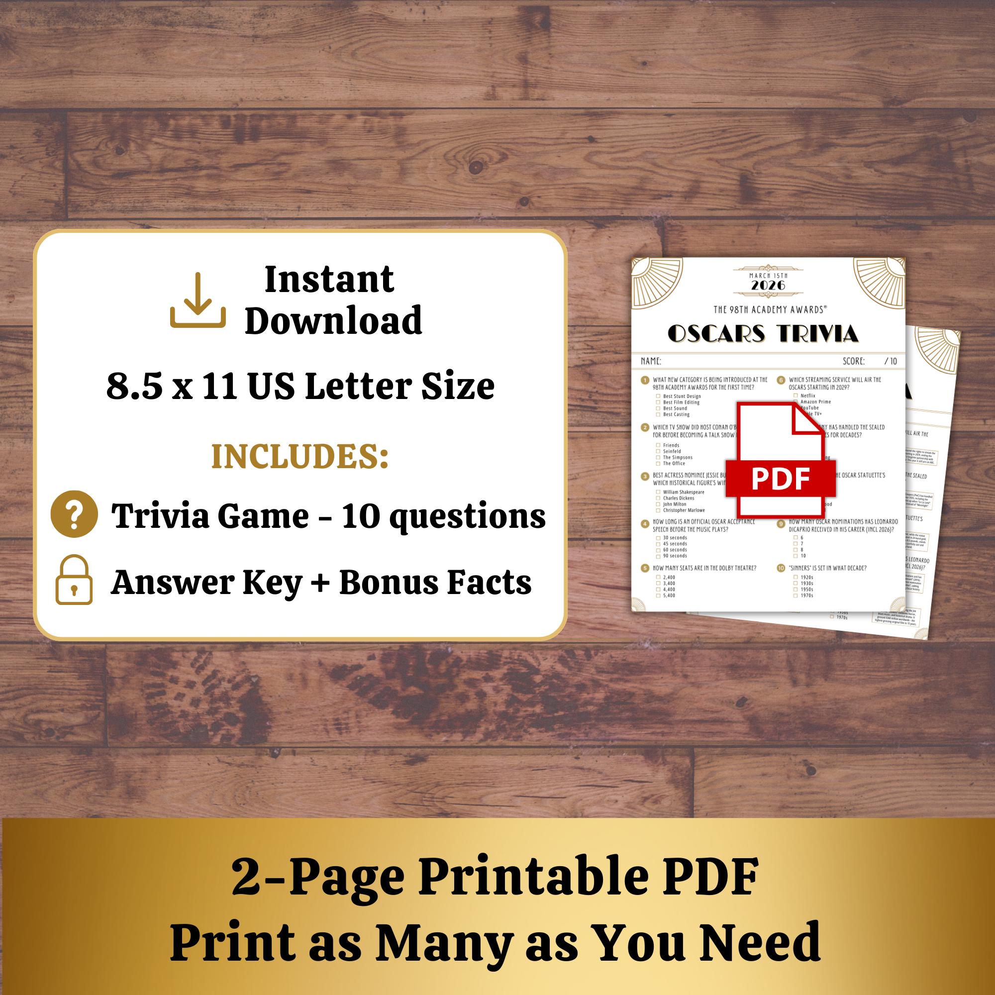 Oscars Trivia Game 2026: Printable Academy Awards Party Fun Facts ...