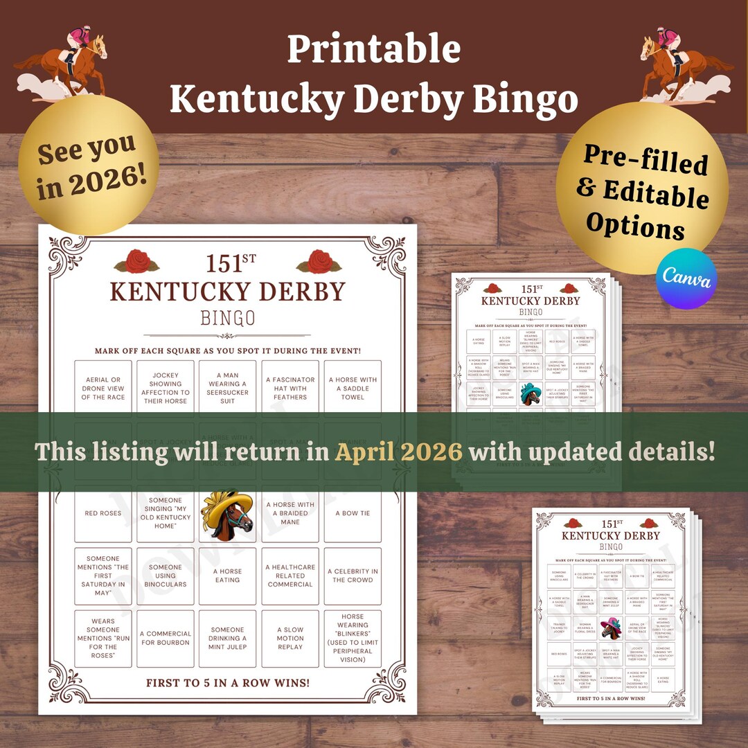 Kentucky Derby Bingo Printable – 2025 Vintage Aesthetic Party Game, 8 ...