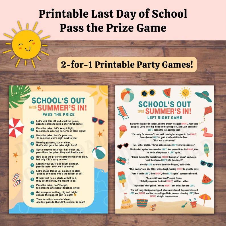 Last Day of School Party Games Bundle: Printable Left Right & Pass the ...