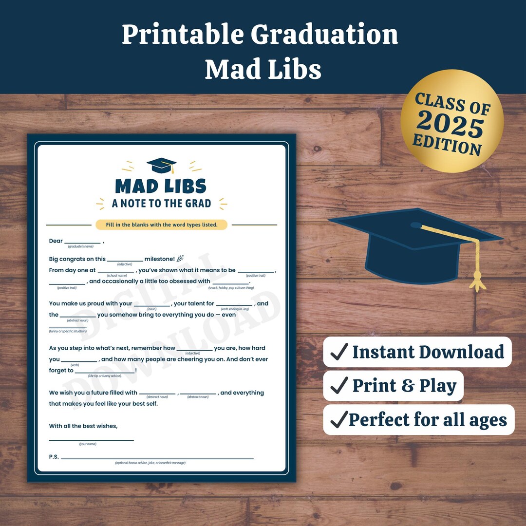 Graduation Mad Libs Printable, Grad Party Activity Keepsake, Class of ...